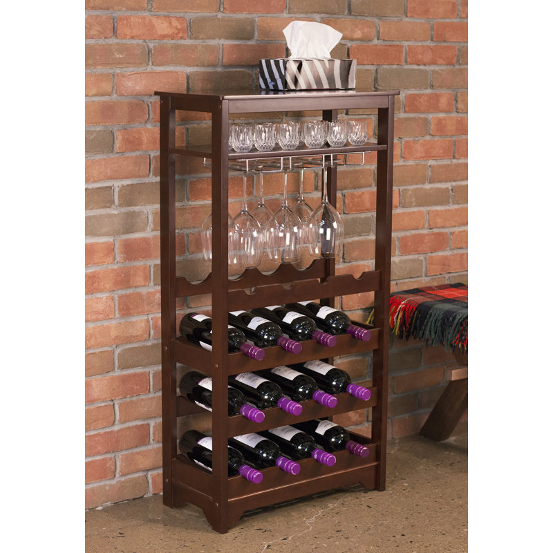 Charlton Home® 16 Bottle Floor Wine Bottle & Glass Rack in Espresso ...