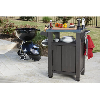Keter Unity 40 Gal Patio Storage Grilling Bar Cart w/ Stainless Steel ...