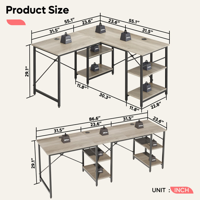 Zipcode Design™ Haigh L Shaped Desk with Shelves 86.6 Inch Reversible ...