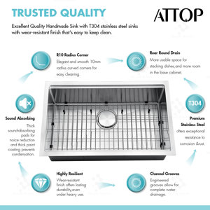 Attop 30'' L X 19'' W Single Bowl Stainless Steel Undermount Kitchen ...