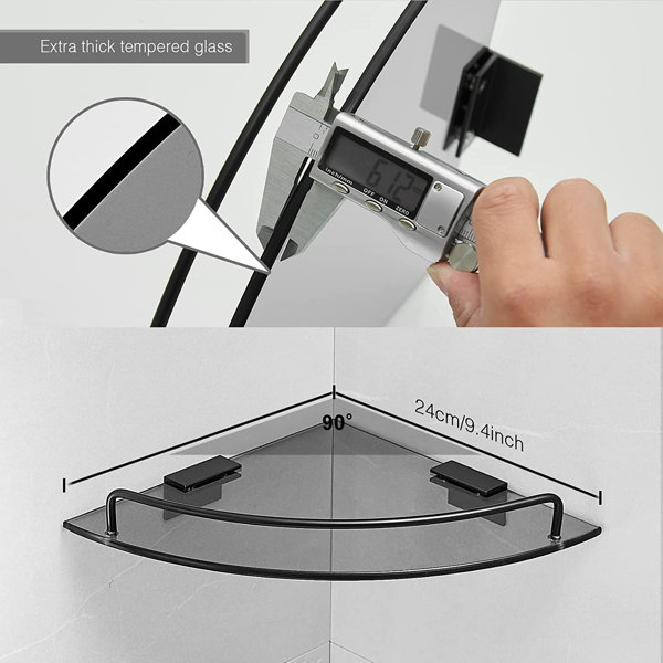 17 Stories Tempered Glass Shelf with Rail Bathroom Corner Organizer ...