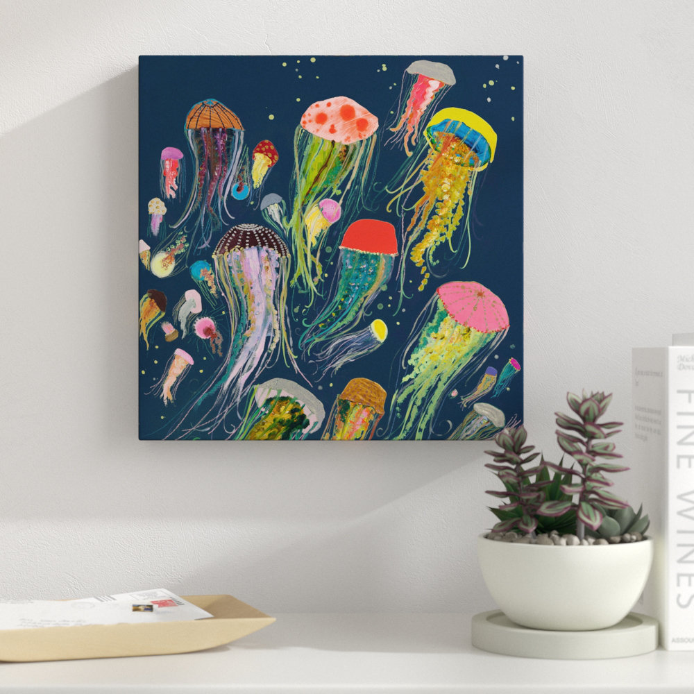 Ebern Designs Floating Jellyfish Indigo by Eli Halpin - Wrapped Canvas ...
