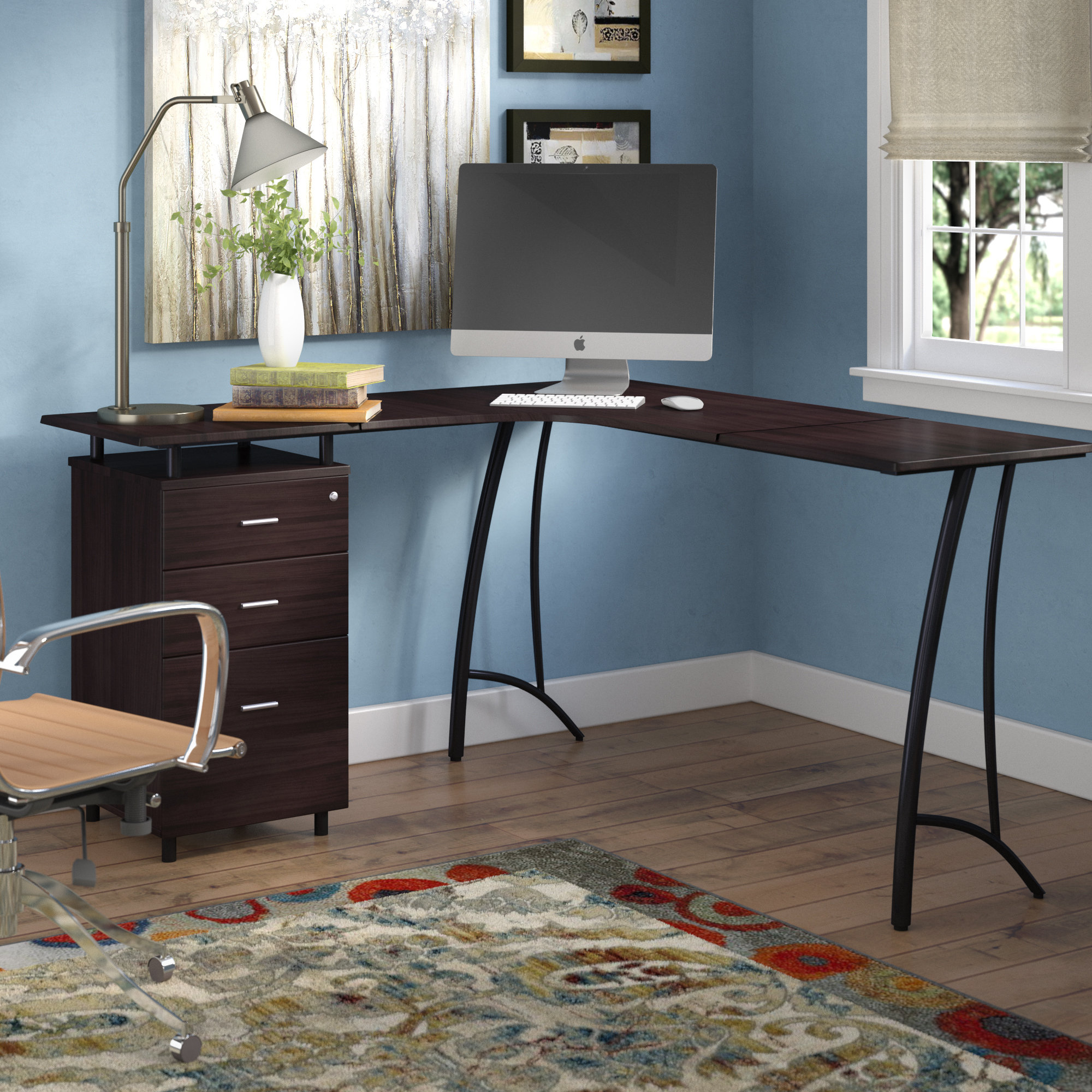 Latitude Run® Laminate L-Shape Desk with Three Drawer Pedestal ...