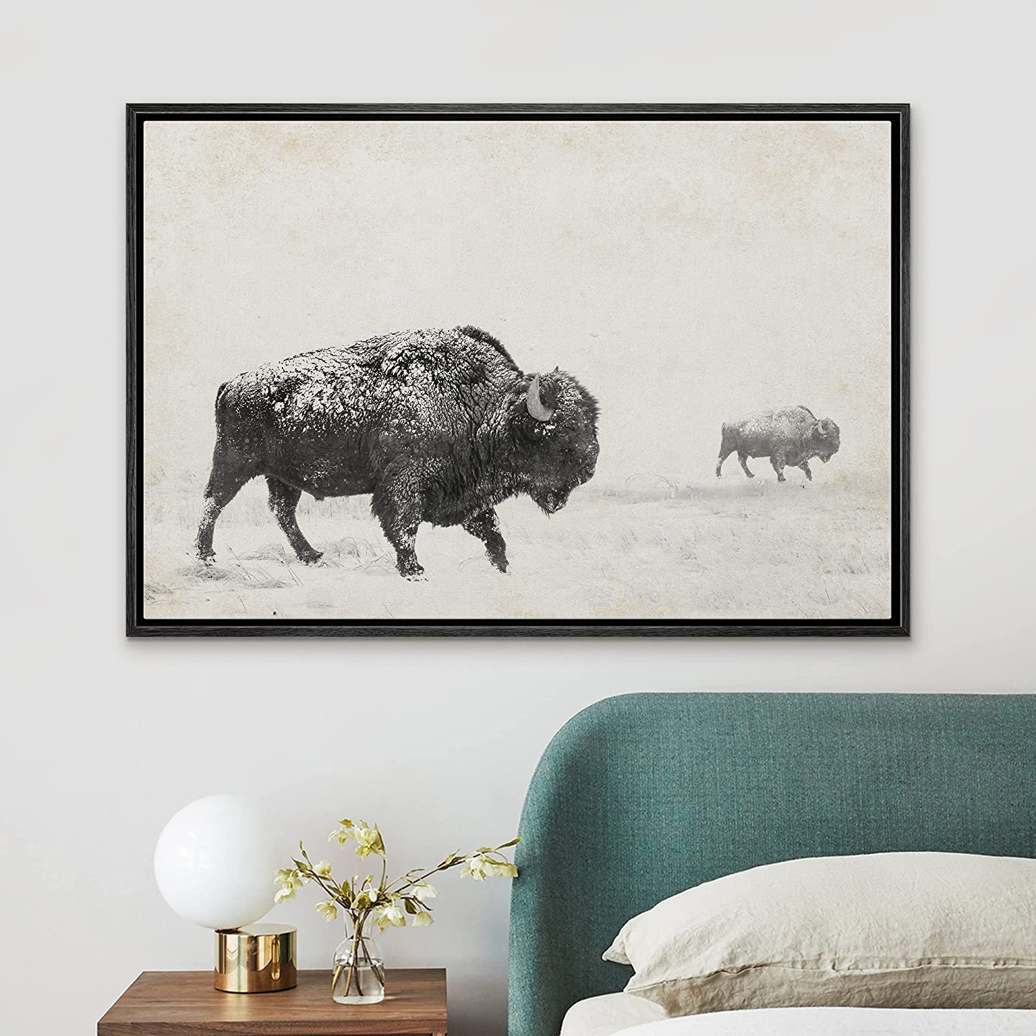 SIGNLEADER Black & White Bison Buffalo Landscape - Floater Frame Print ...