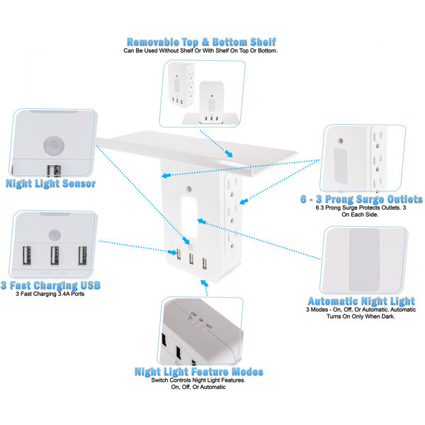 5 Star Super Deals Wall Power Outlet Shelf - Led Night Light, 6 3 Prong ...