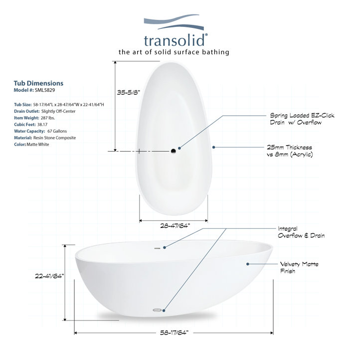 Transolid Marisol 58'' x 29'' Freestanding Soaking Solid Surface ...