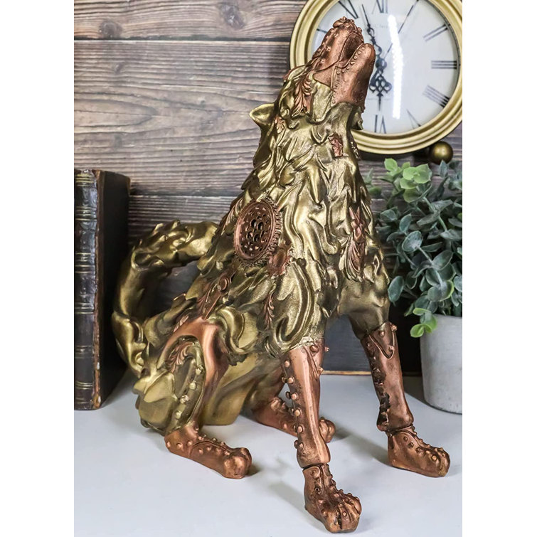 Trinx Elarna Golden Robotic Alpha Wolf Howling Statue With Sculpted ...